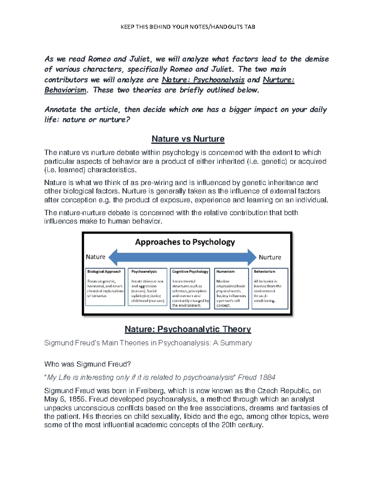 Nature vs nurture - personality - As we read Romeo and Juliet, we will ...