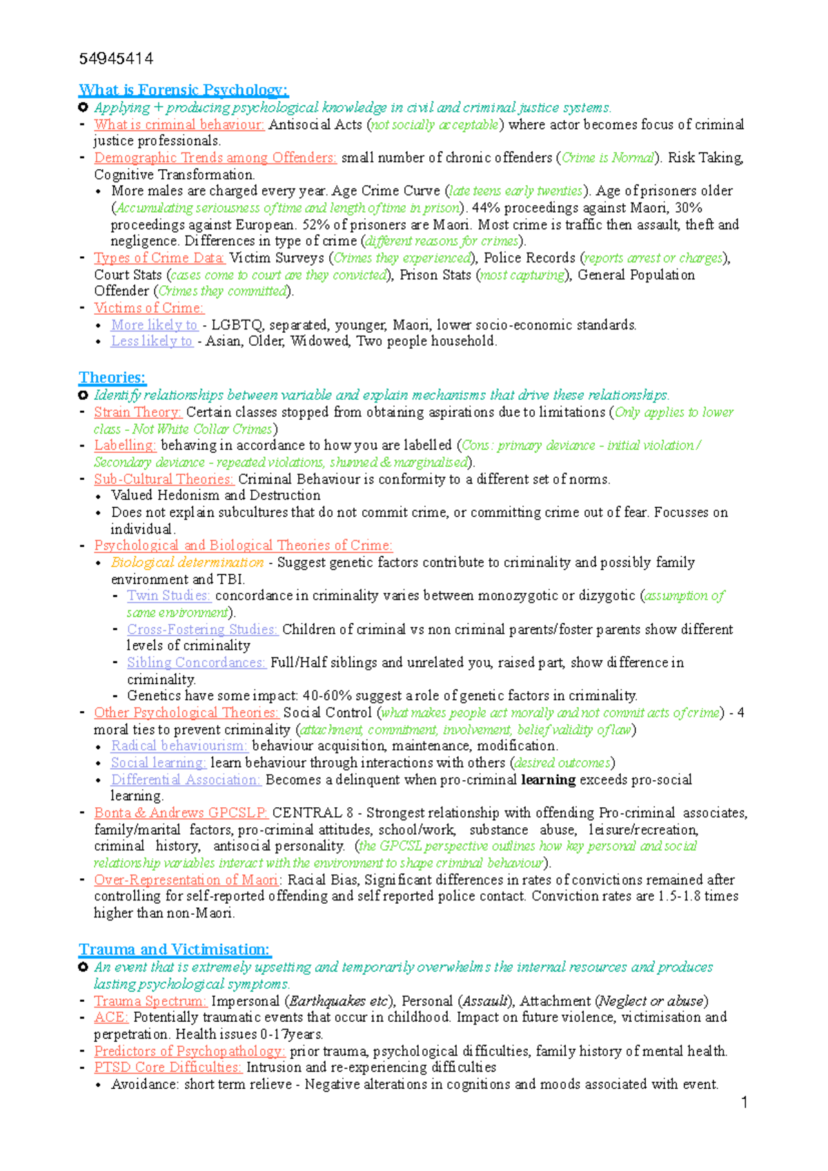 Cheat Sheet 1 A+ - What is Forensic Psychology: Applying + producing ...