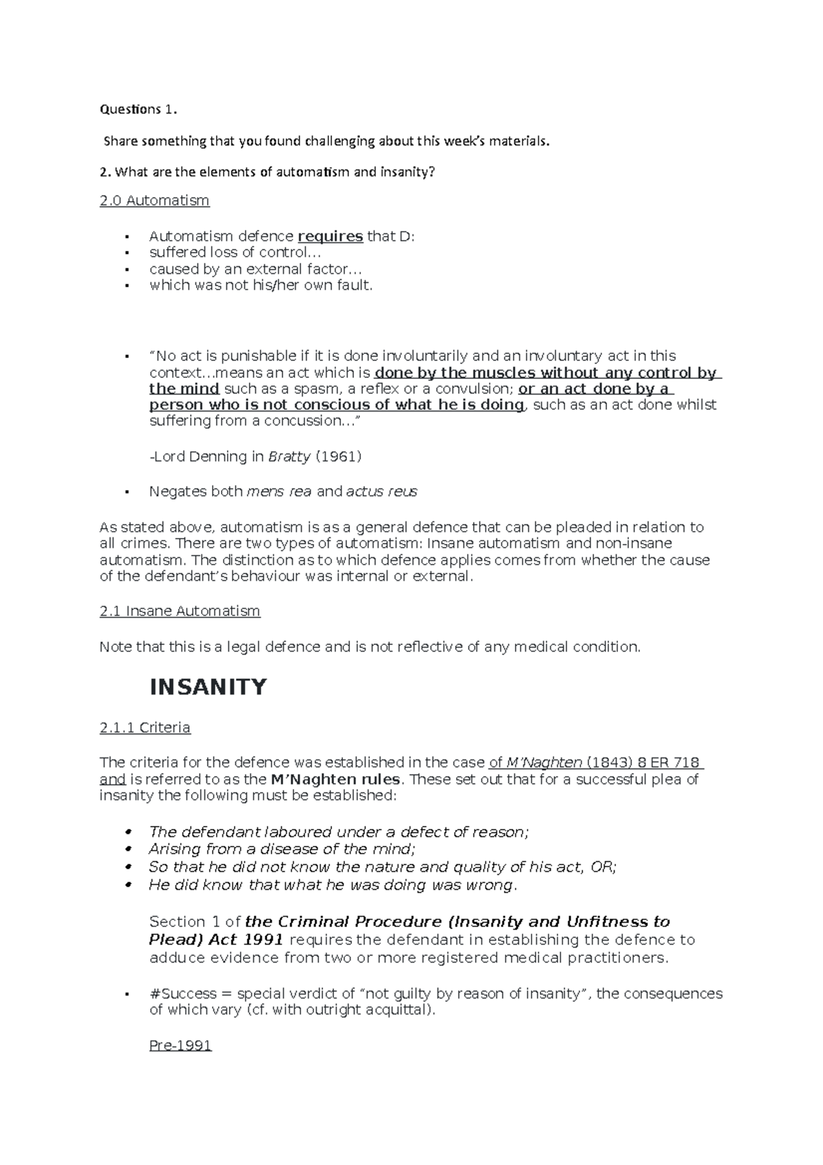 Criminal Law Tutorial 15 Automatism, Insanity and Intoxication ...