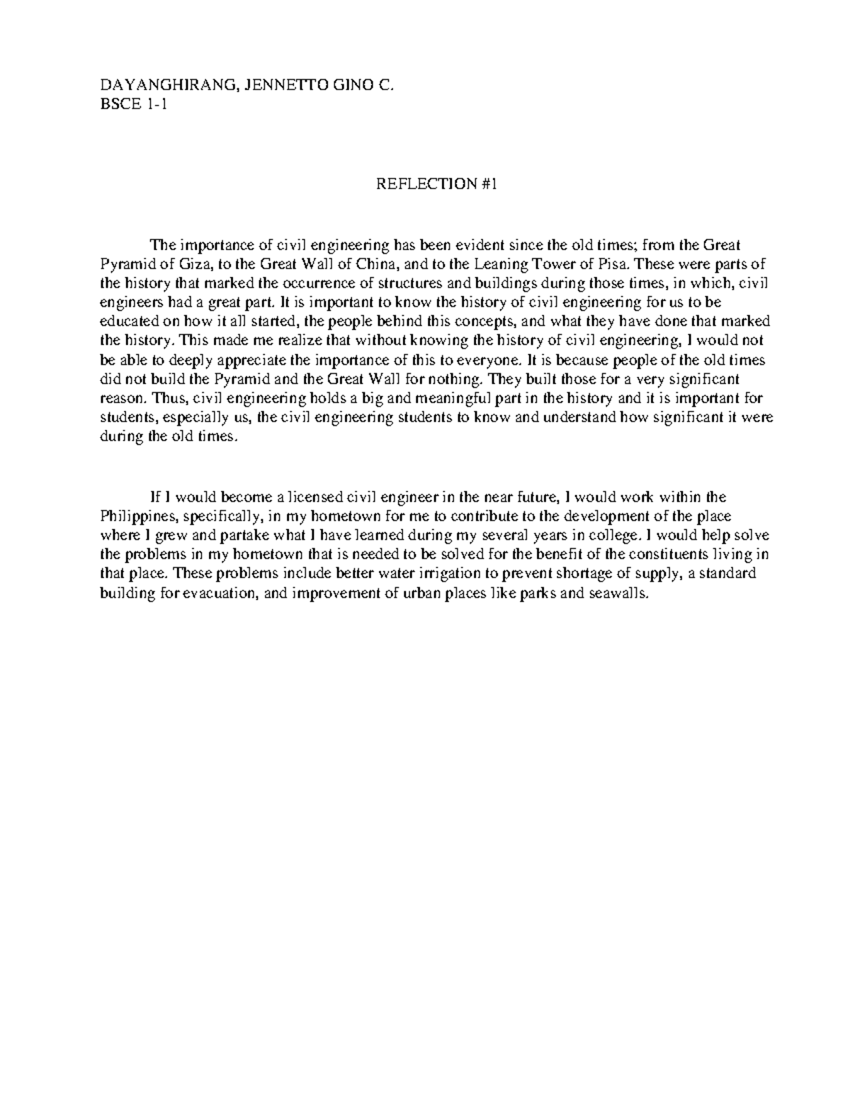 CE Orientation Reflection - DAYANGHIRANG, JENNETTO GINO C. BSCE 1 ...