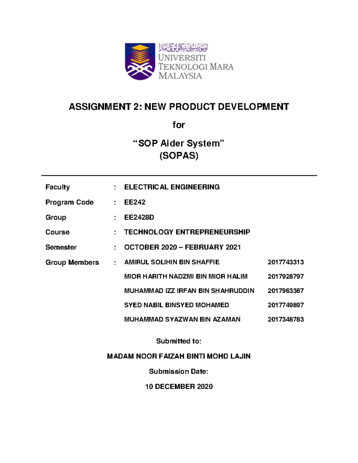 Sample 1-NPD report - ASSIGNMENT 2: NEW PRODUCT DEVELOPMENT for “SOP ...