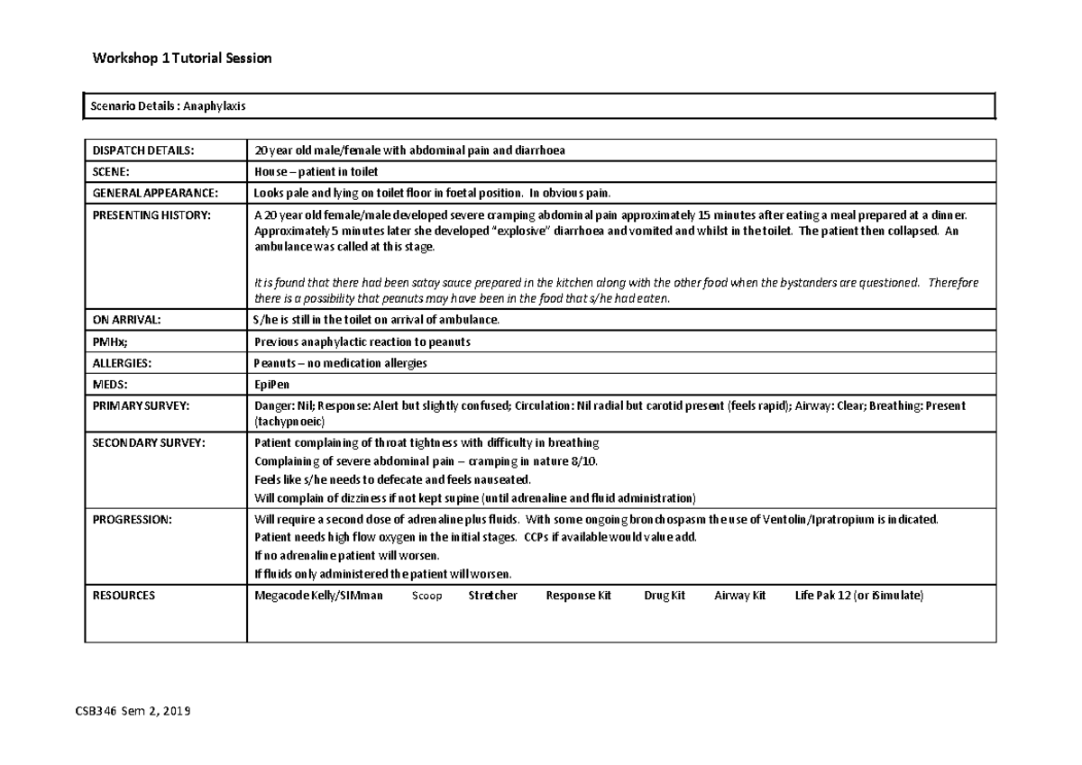 OSCE Scenarios One - Scenario Details : Anaphylaxis DISPATCH DETAILS ...