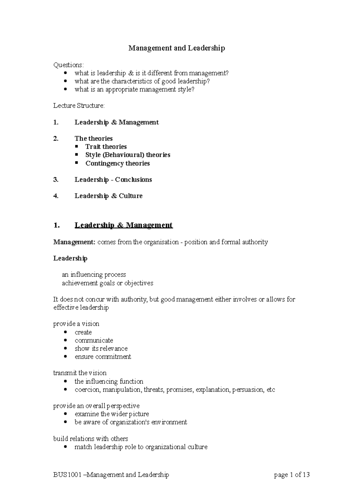 Leadership - complete notes - Management and Leadership Questions: what ...
