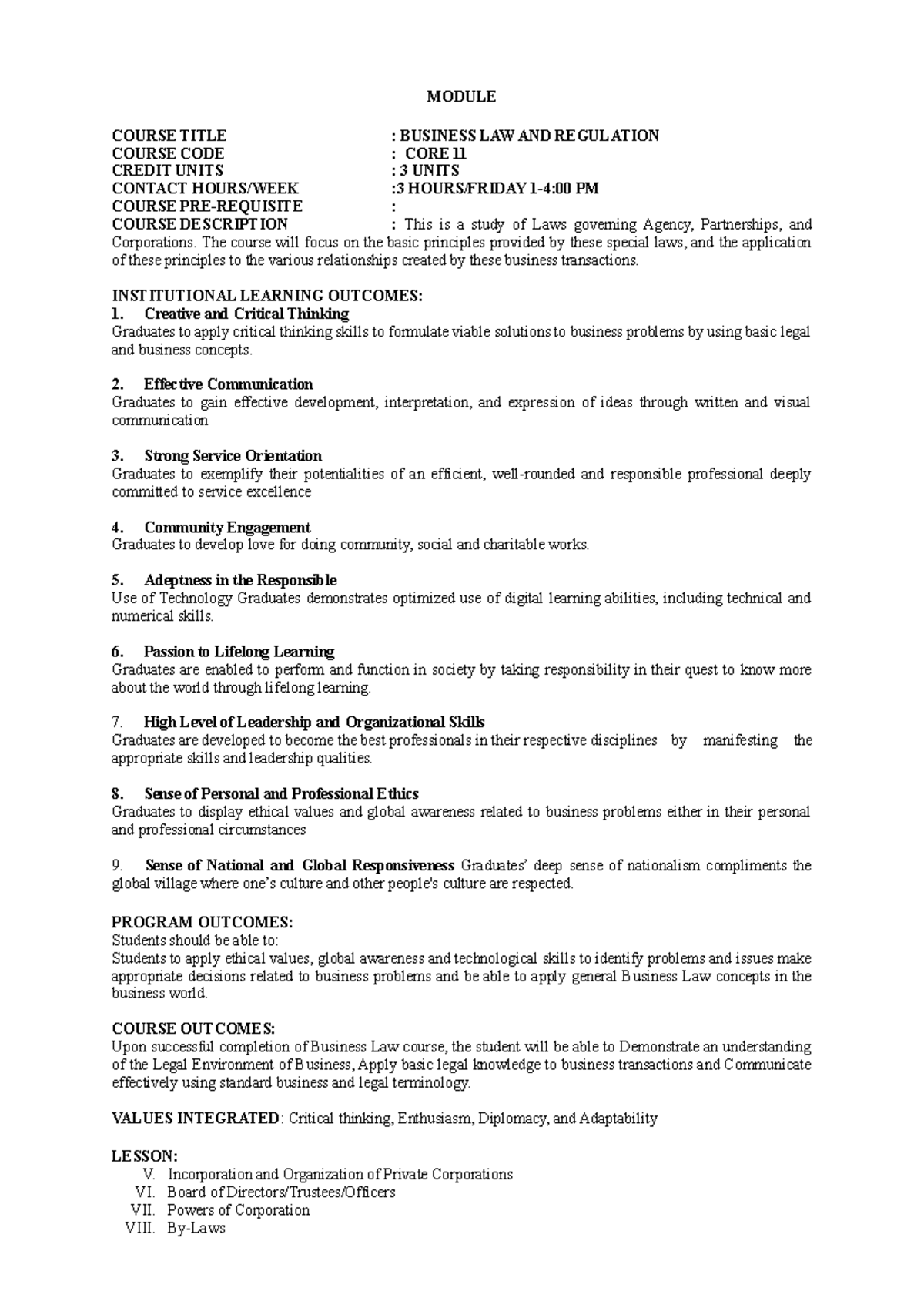 Module Title II XVI - FOR YOUR GUIDE - MODULE COURSE TITLE : BUSINESS ...