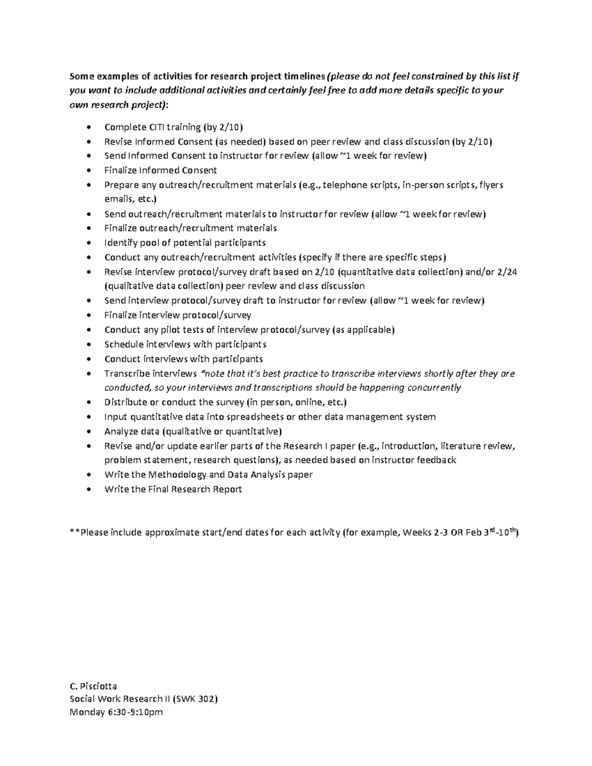 Research Project timelines (examples of activities) - C. Pisciotta ...
