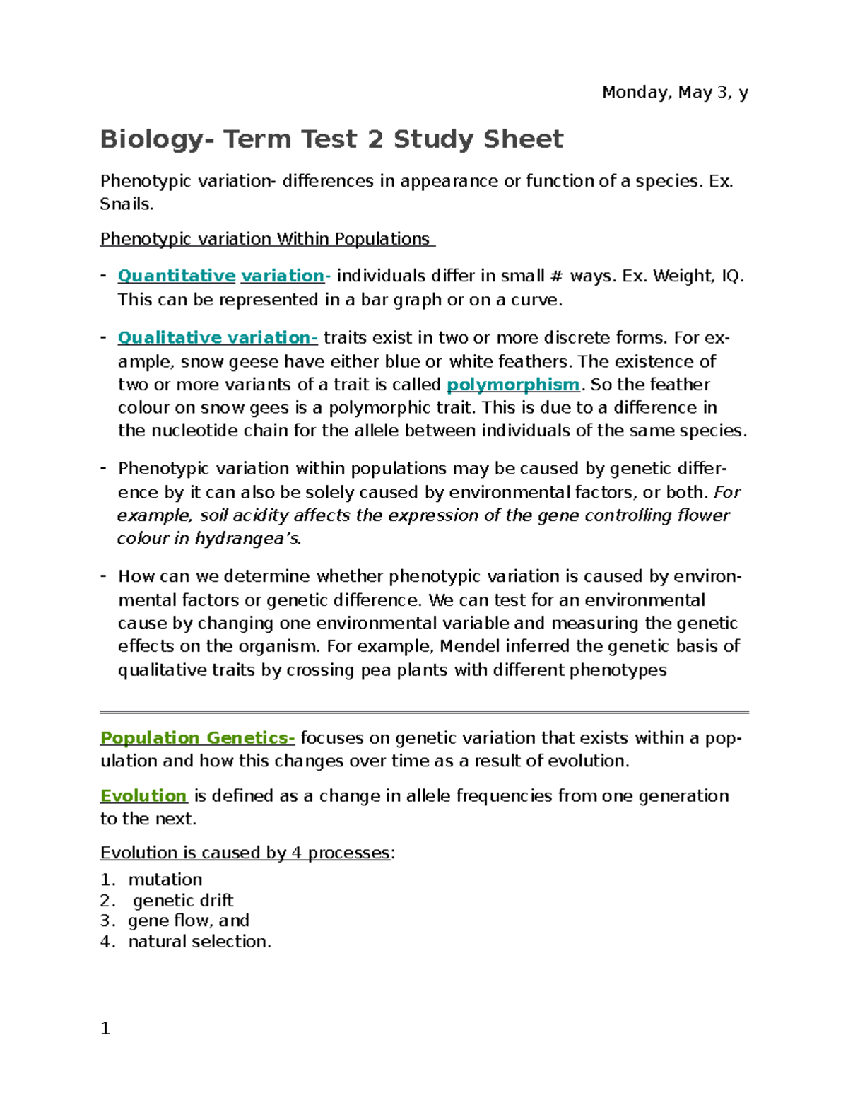 Bio Nov. Term Test Study Sheet - Biology- Term Test 2 Study Sheet ...