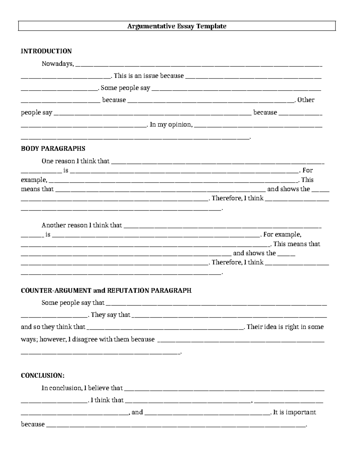 Argumentative Essay Template - Argumentative Essay Template INTRODUCTION Nowadays, - Studocu