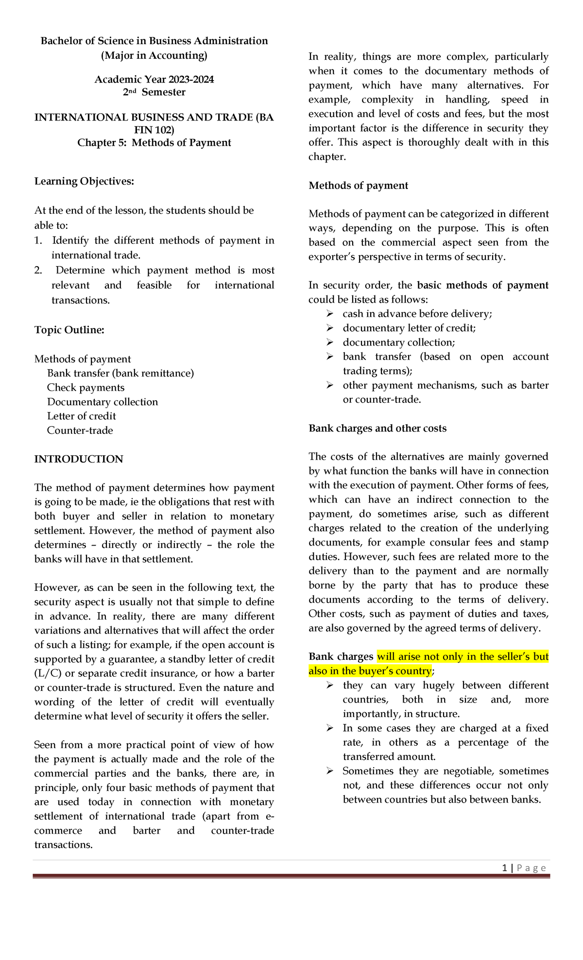 Bafin notes chapter 5 - Bachelor of Science in Business Administration ...