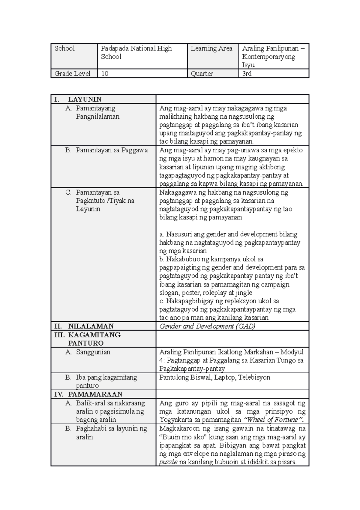 Grade 10 - Gender and Development Lesoon Plan - School Padapada ...