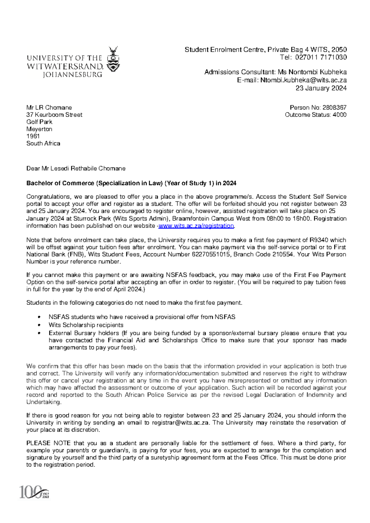 Admission letter WITS - Student Enrolment Centre, Private Bag 4 WITS ...