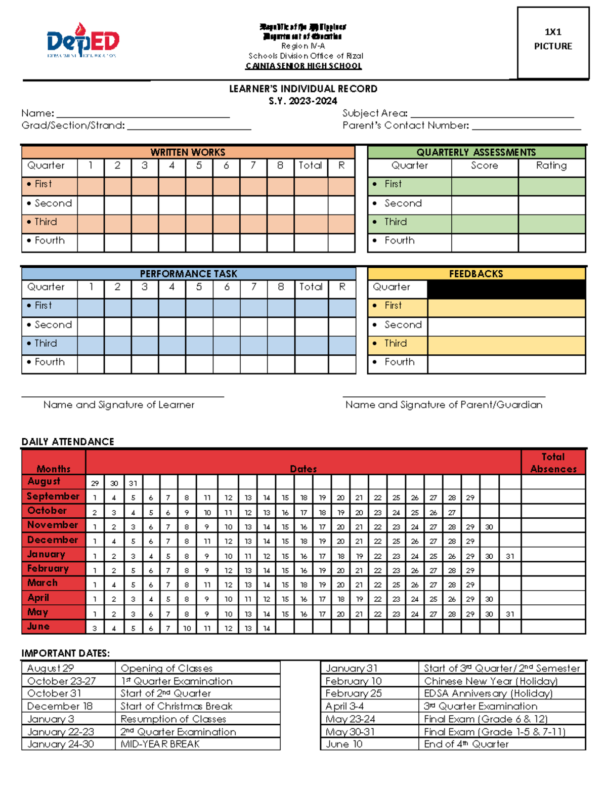 Individual Learners Record 1x Picture Republic Of The Philippines Department Of Education 