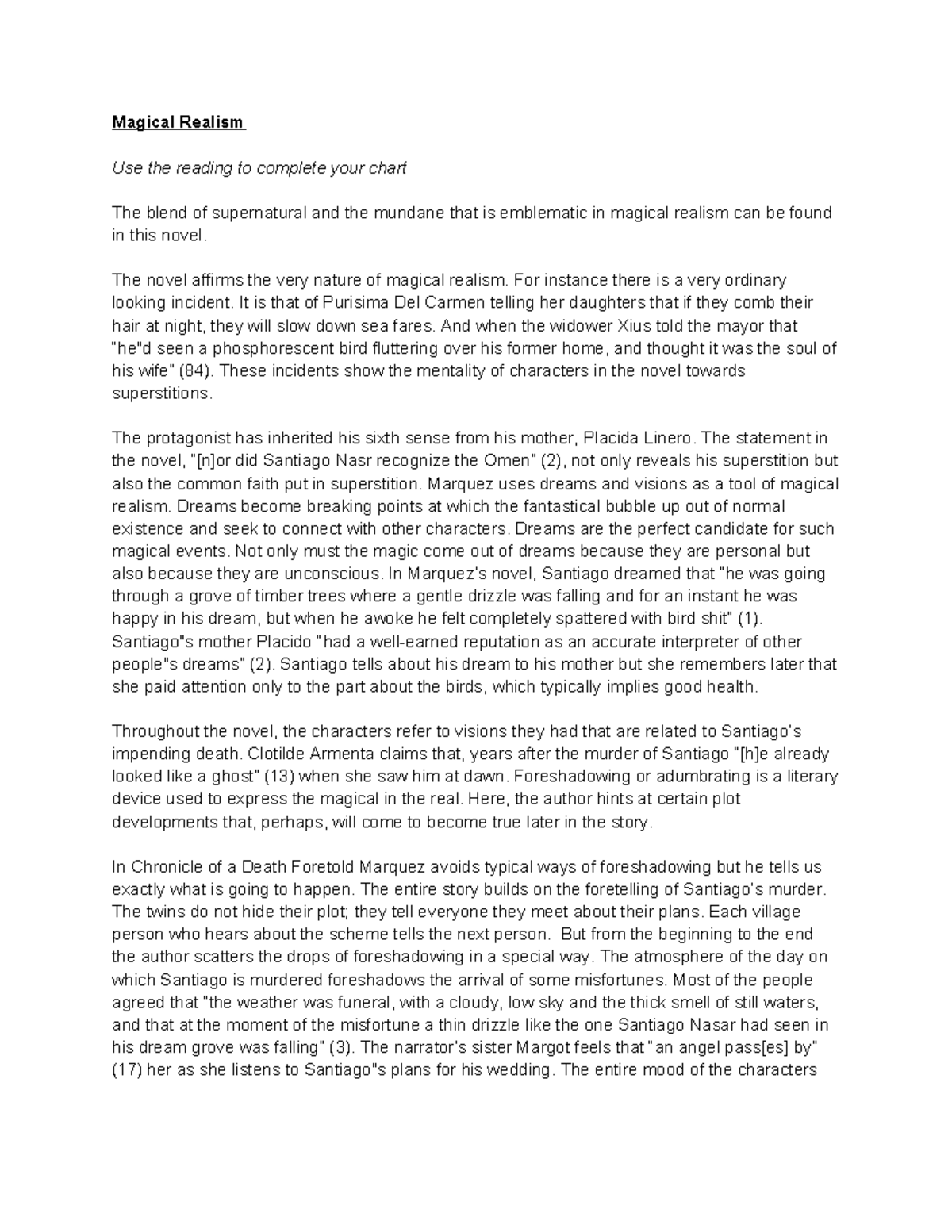 Magical Realism Reading - Magical Realism Use the reading to complete ...