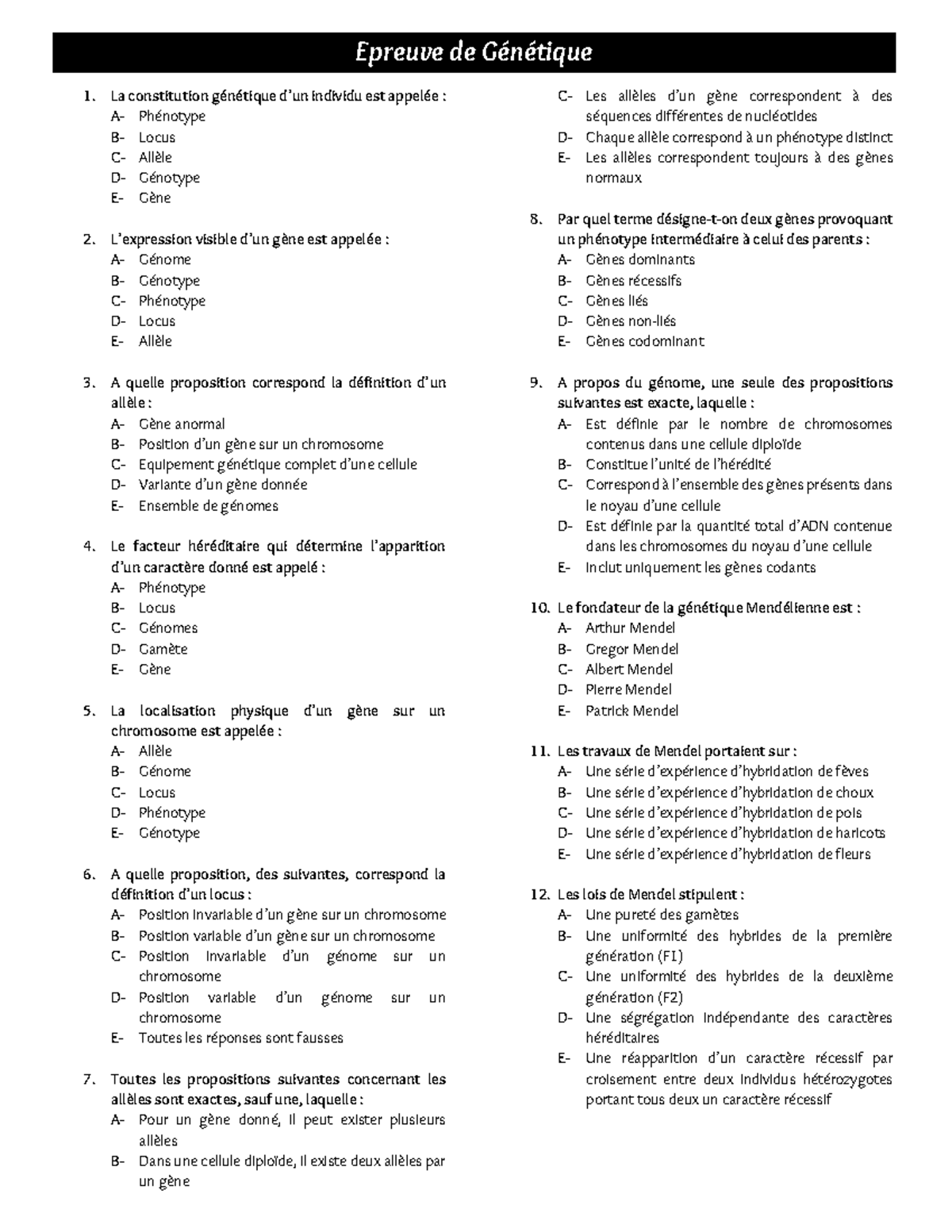 60 QCM en Genetique - Exercices corrigés - Epreuve de Génétique La ...
