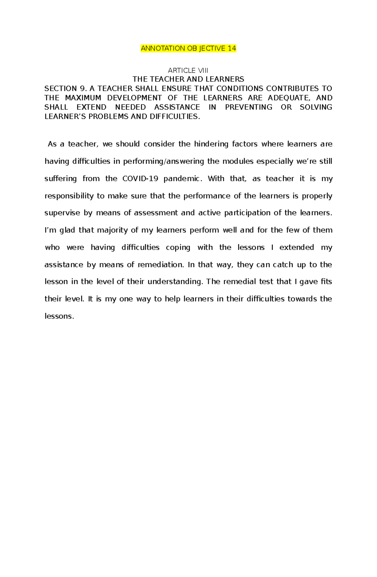 Annotation Objective 14 Annotation Ob Jective 14 Article Viii The Teacher And Learners Section