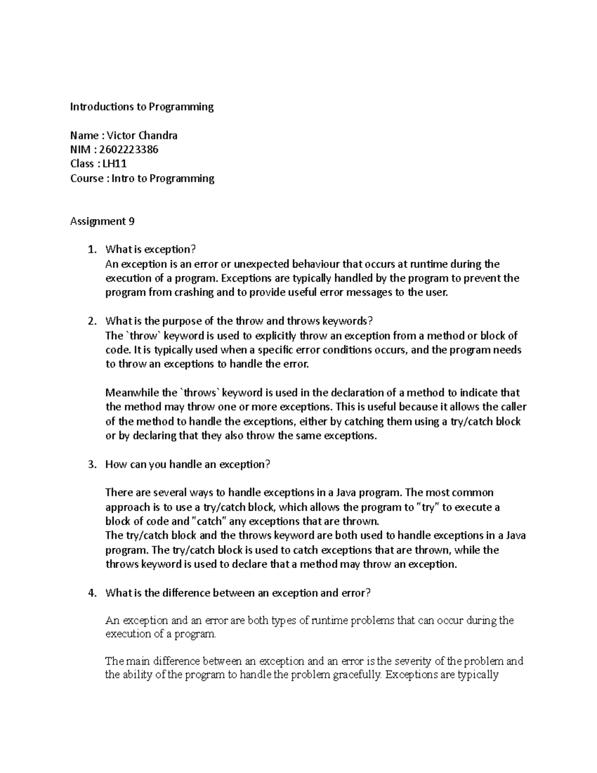 2602223386 Victor Chandra LH11 Intro Prog Assigntment 9 - Introductions to Programming Name ...