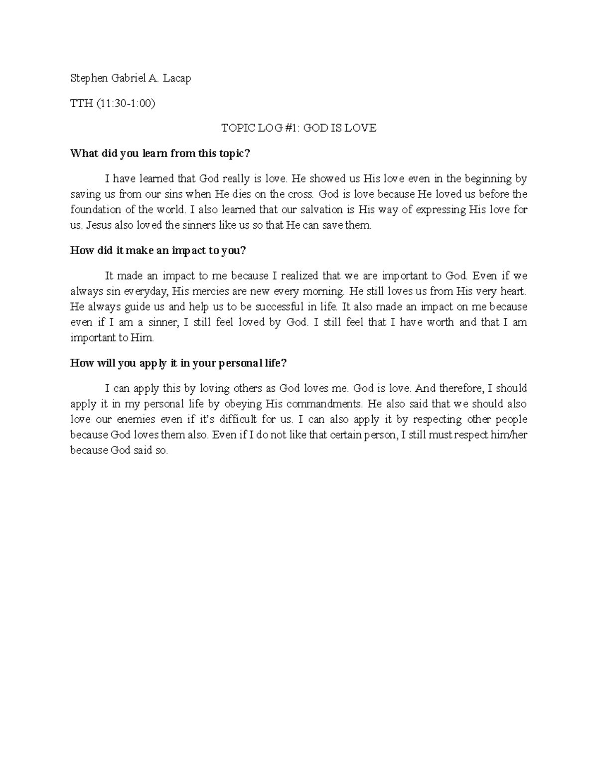 2 topic log 1 - Grade: 100 - Stephen Gabriel A. Lacap TTH (11:30-1:00 ...