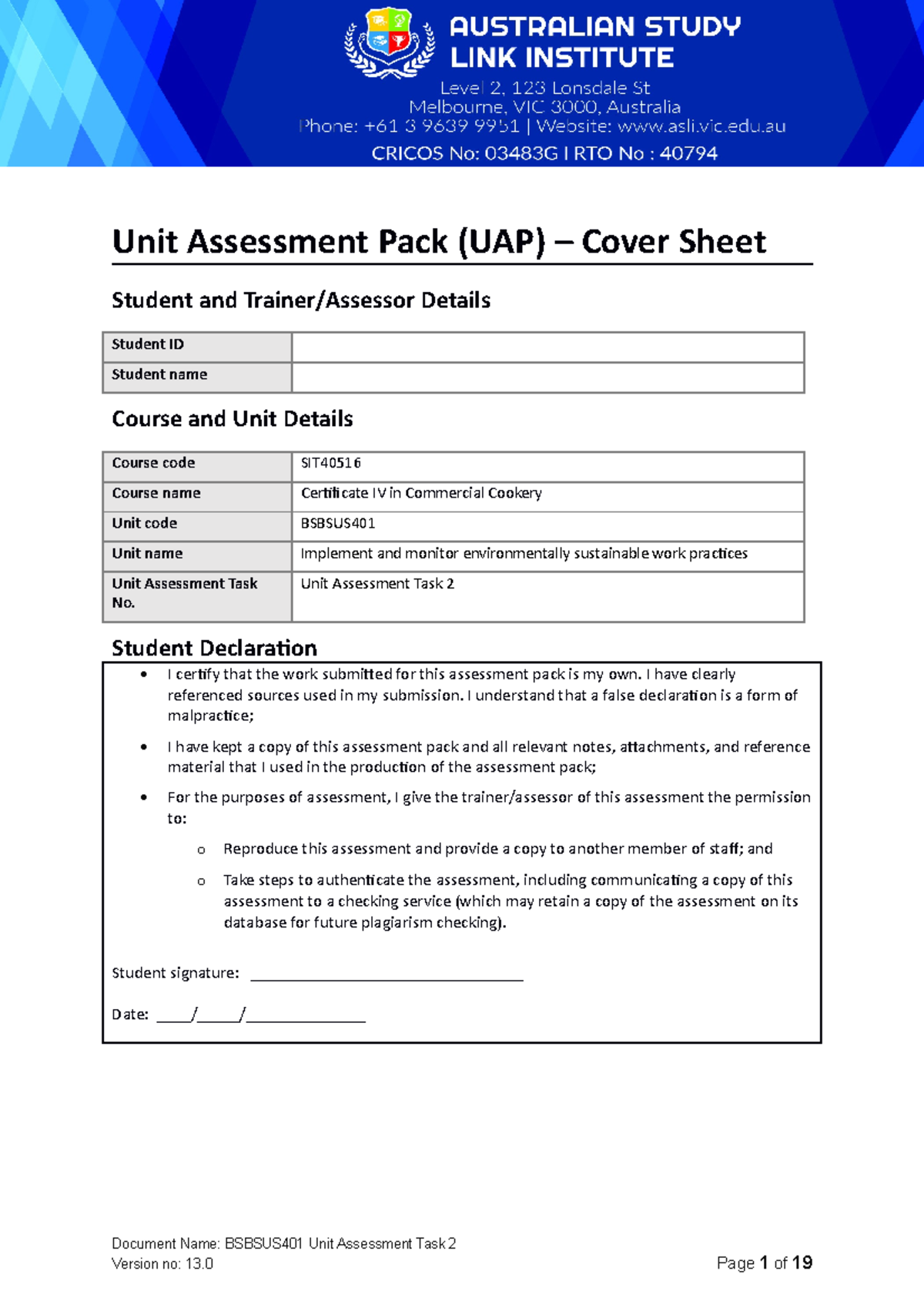 Bsbsus 401 Unit Assessment Task 2 - Unit Assessment Pack (UAP) – Cover ...