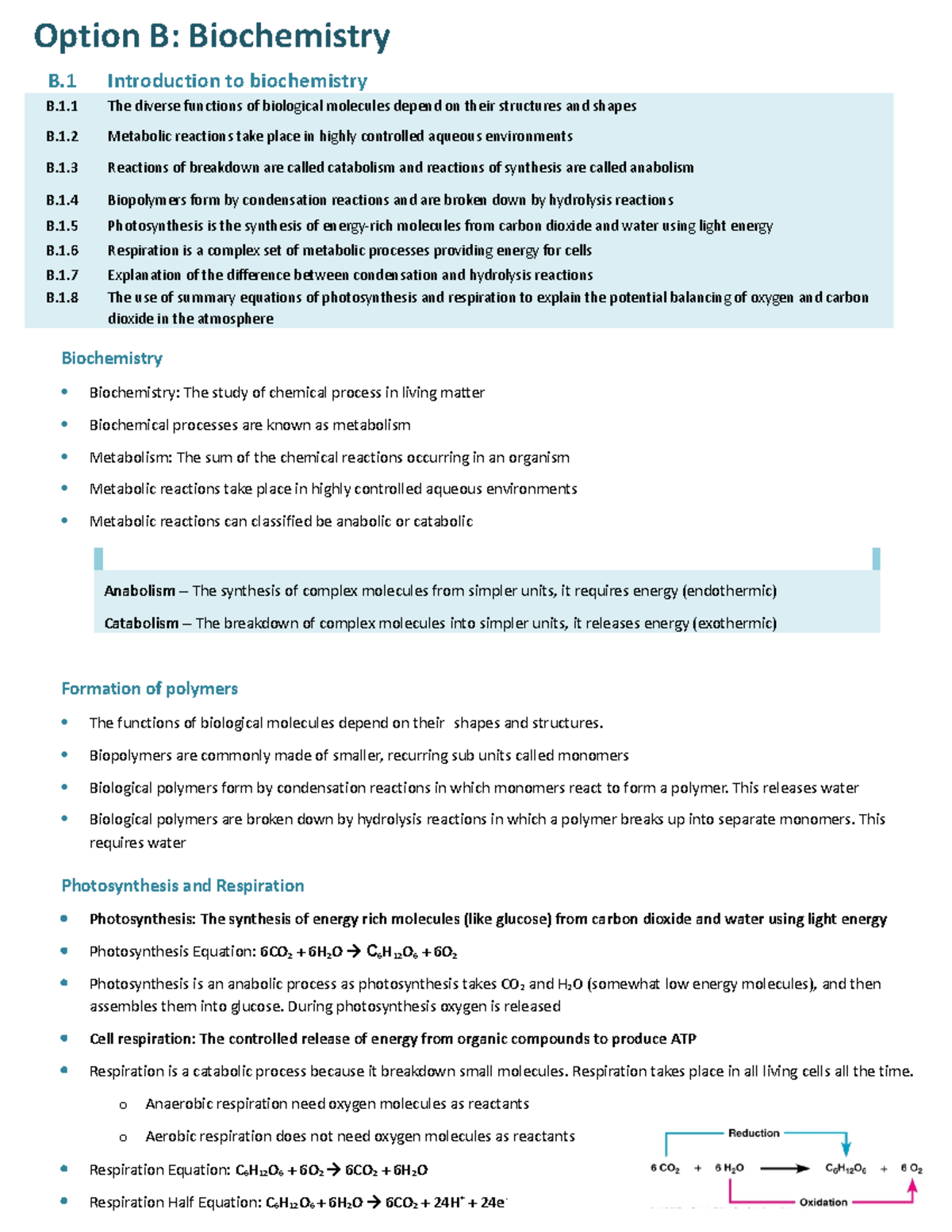 B - test - Option B: Biochemistry B Introduction to biochemistry B.1 ...