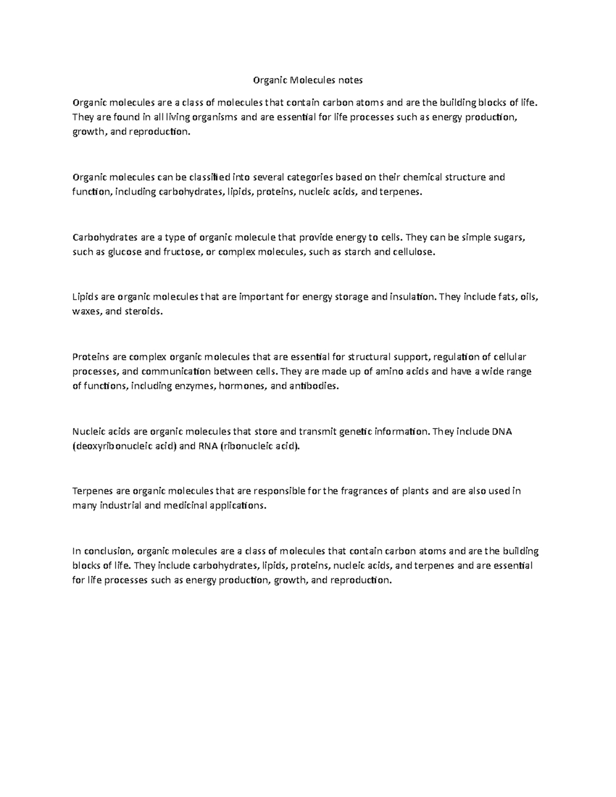 Organic Molecules notes - Organic molecules are a class of molecules ...