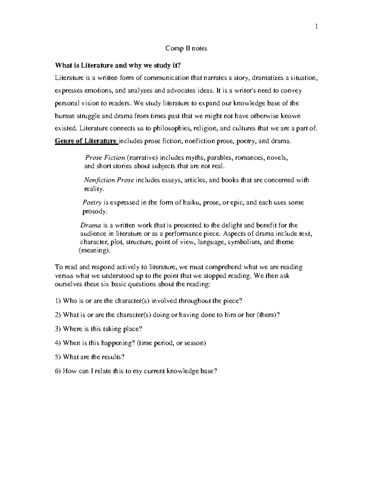 Comp II notes - Comp II notes What is Literature and why we study it ...