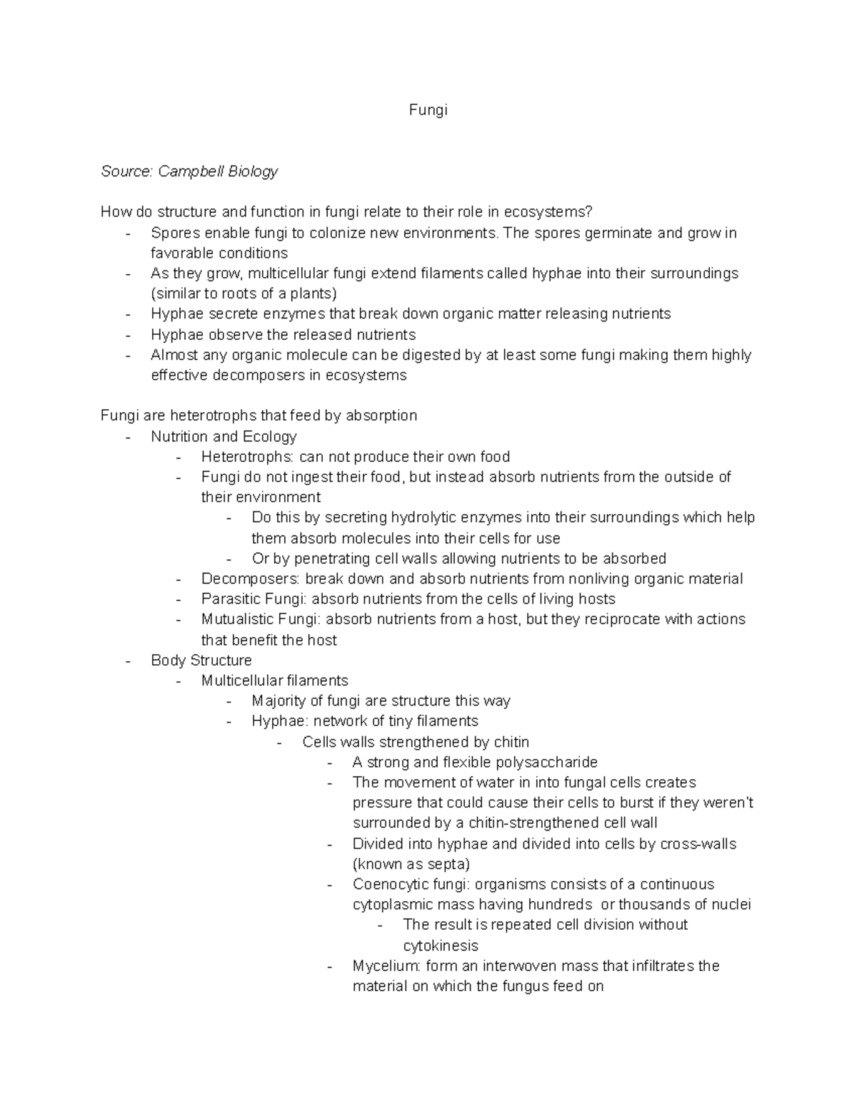 Bio 202 Reading Notes 10 - Fungi Source: Campbell Biology How do ...