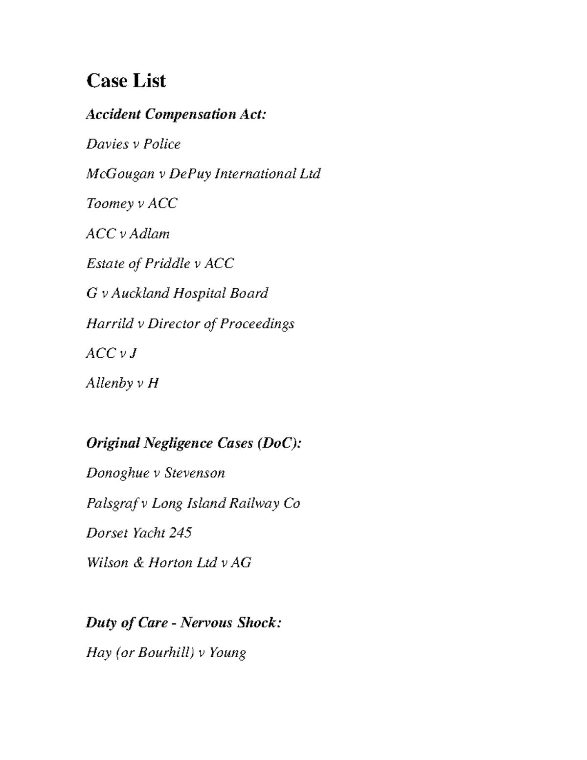 Case List copy - Summary of cases - Case List Accident Compensation Act ...