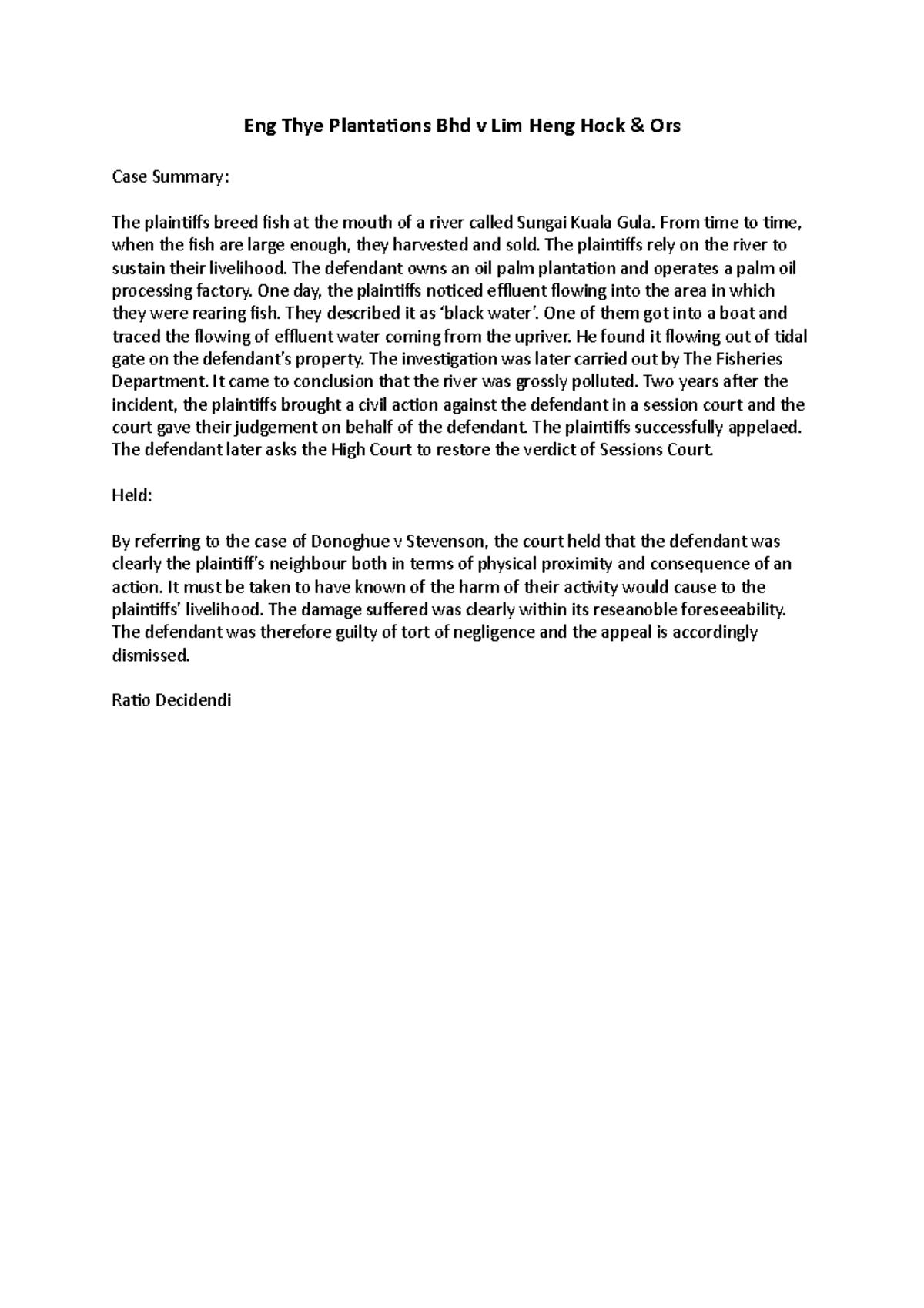 Eng Thye Plantations Bhd v Lim Heng Hock Case Summary - Eng Thye ...