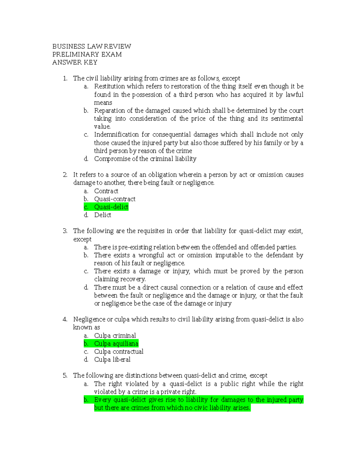 LAW Prelim - BUSINESS LAW REVIEW PRELIMINARY EXAM ANSWER KEY The civil ...