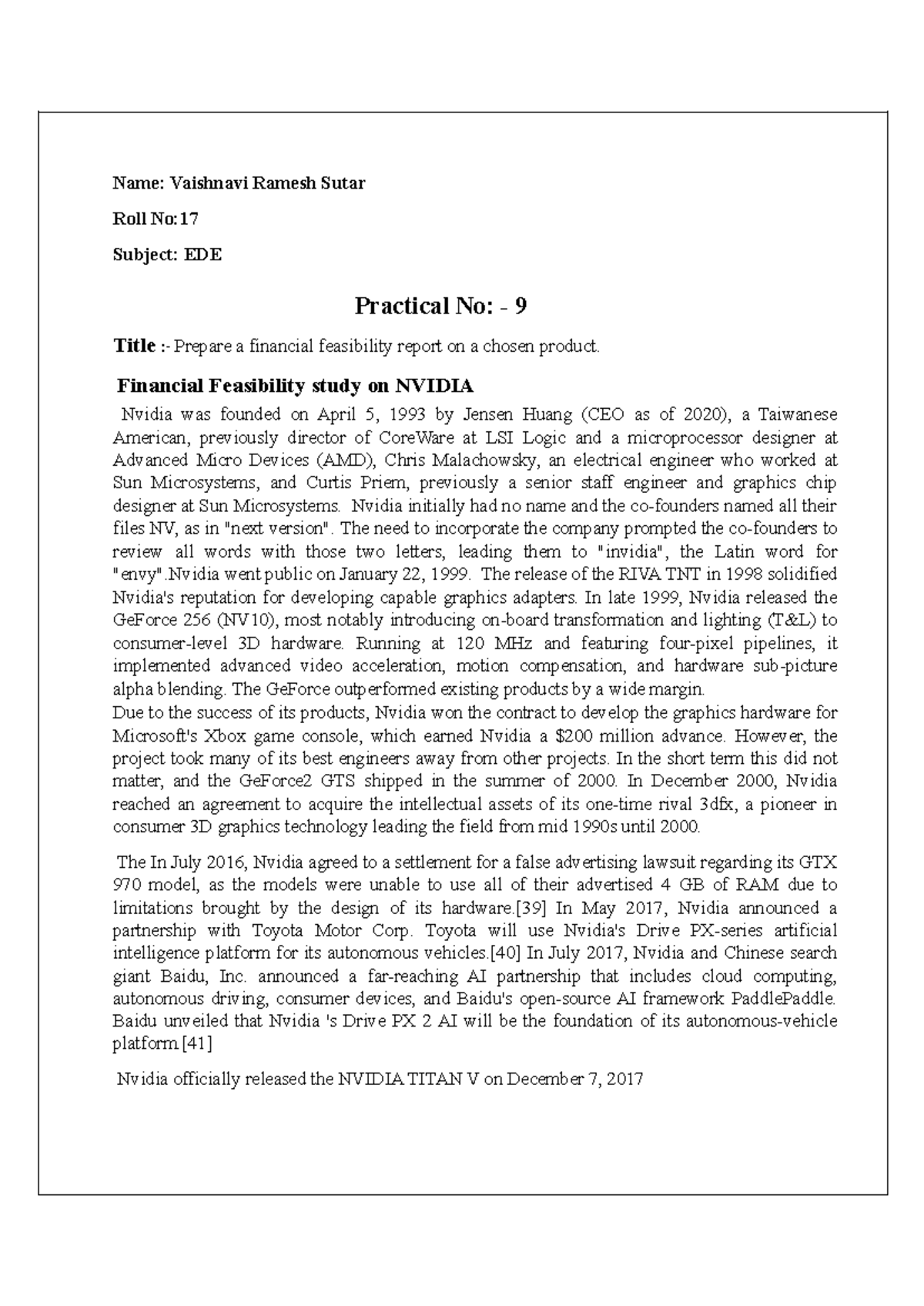 Prac10 - Practical - Name: Vaishnavi Ramesh Sutar Roll No: Subject: EDE Practical No: - 9 Title ...