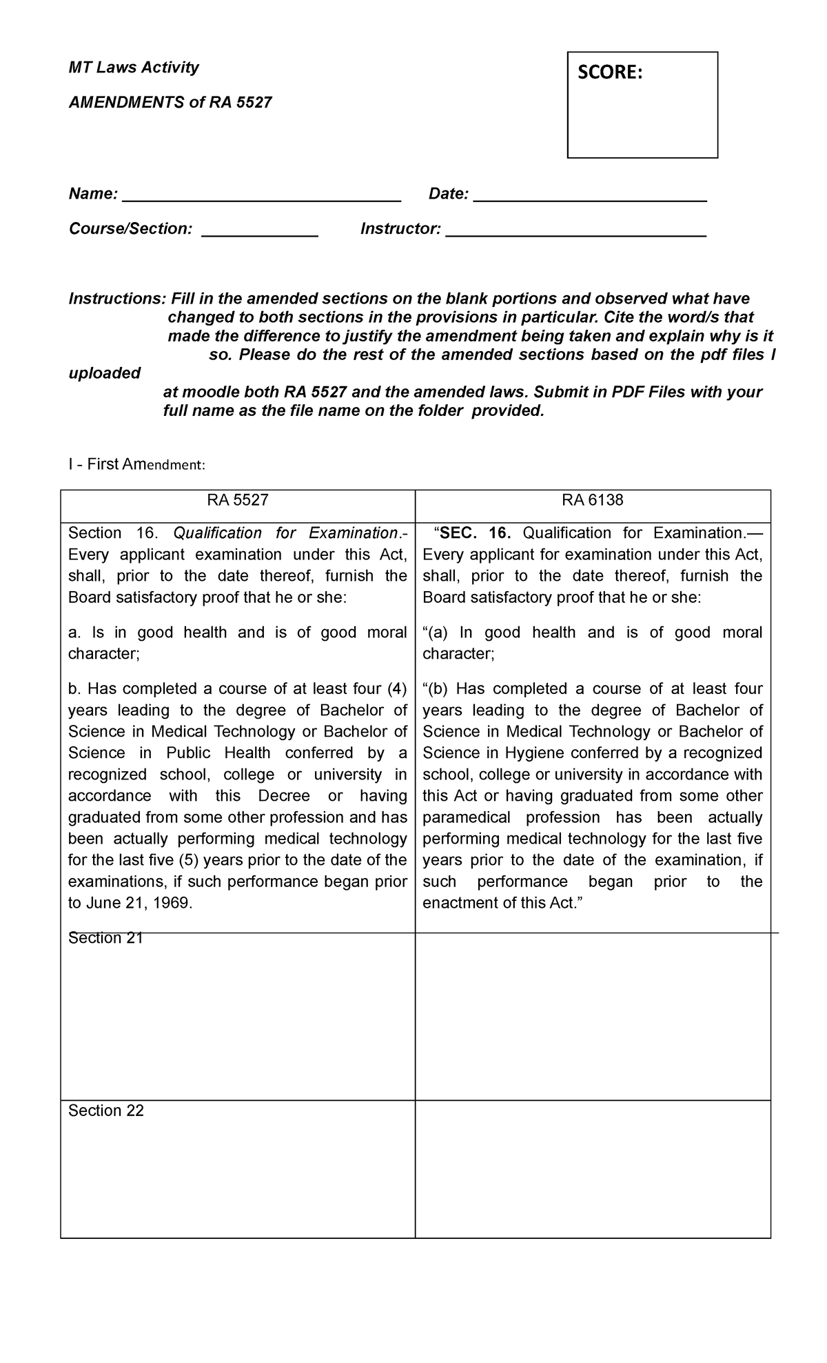 MedTech Laws Activity - MT Laws Activity AMENDMENTS of RA 5527 _Name ...