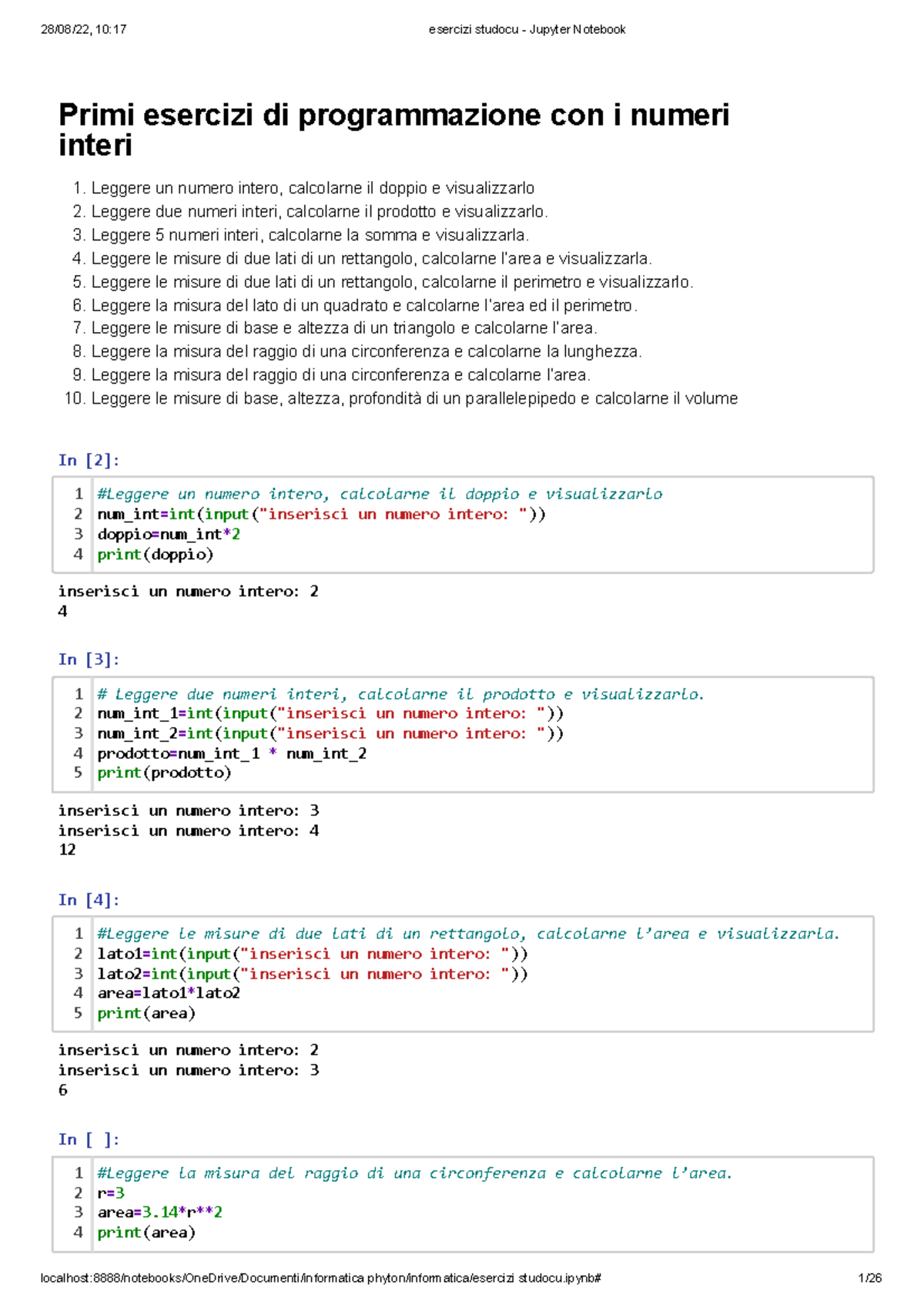 Esercizi studocu - Jupyter Notebook - Primi esercizi di programmazione con i numeri interi ...