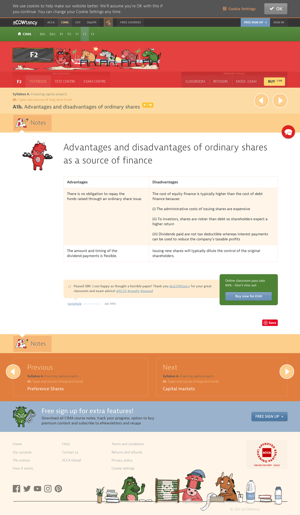 CIMA F2 Notes A1b. Advantages and disadvantages of ordinary shares a ...