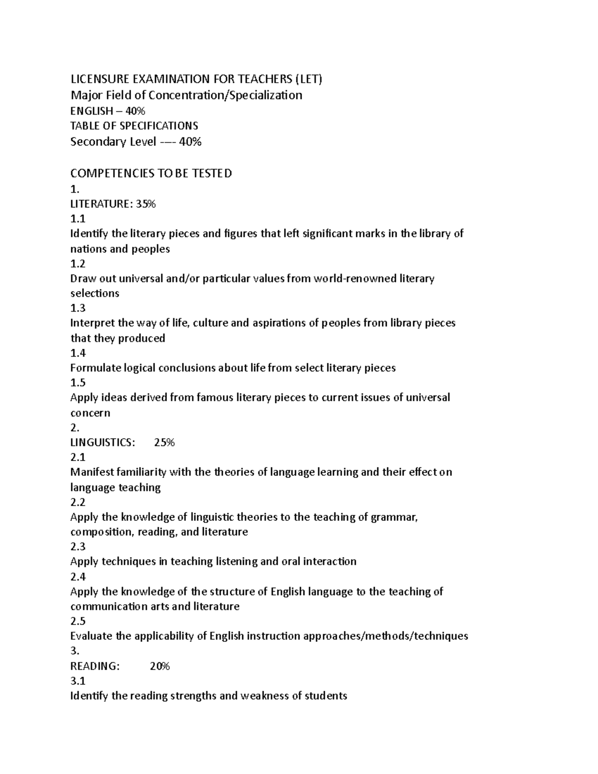 Table of Specifications in English Specialization LET - Bachelor of ...