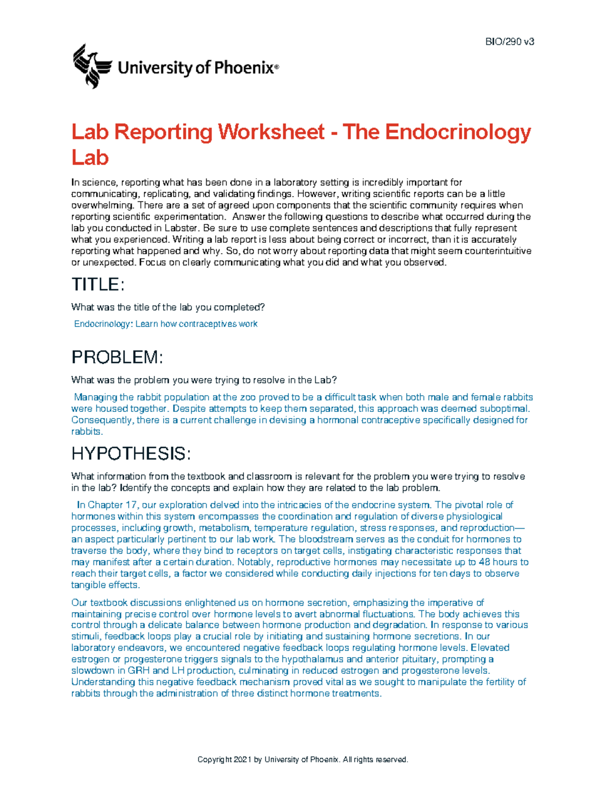 Bio290 v3 wk7 the endocrinology lab - BIO/ 290 v 3 Lab Reporting ...
