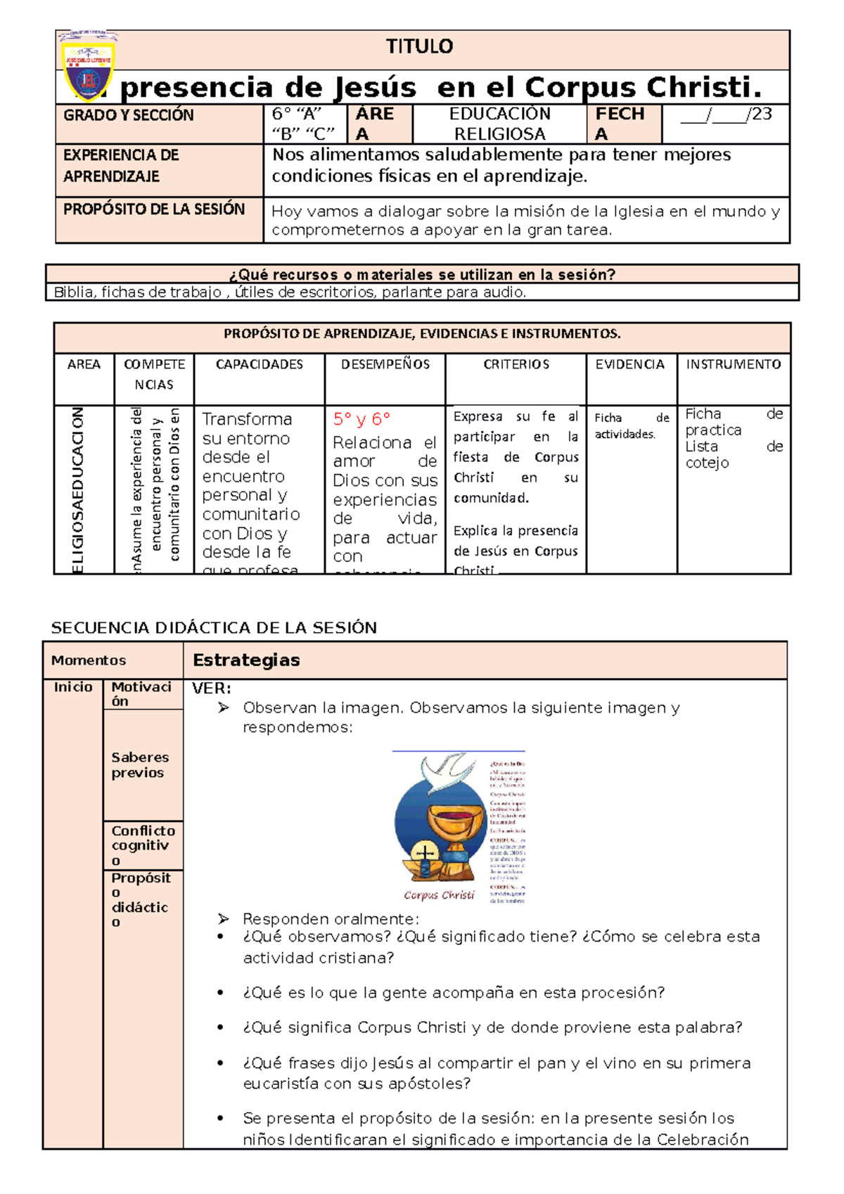 Corpus Christi - sesion de aprendizaje - TITULO La presencia de Jesús en el Corpus Christi ...
