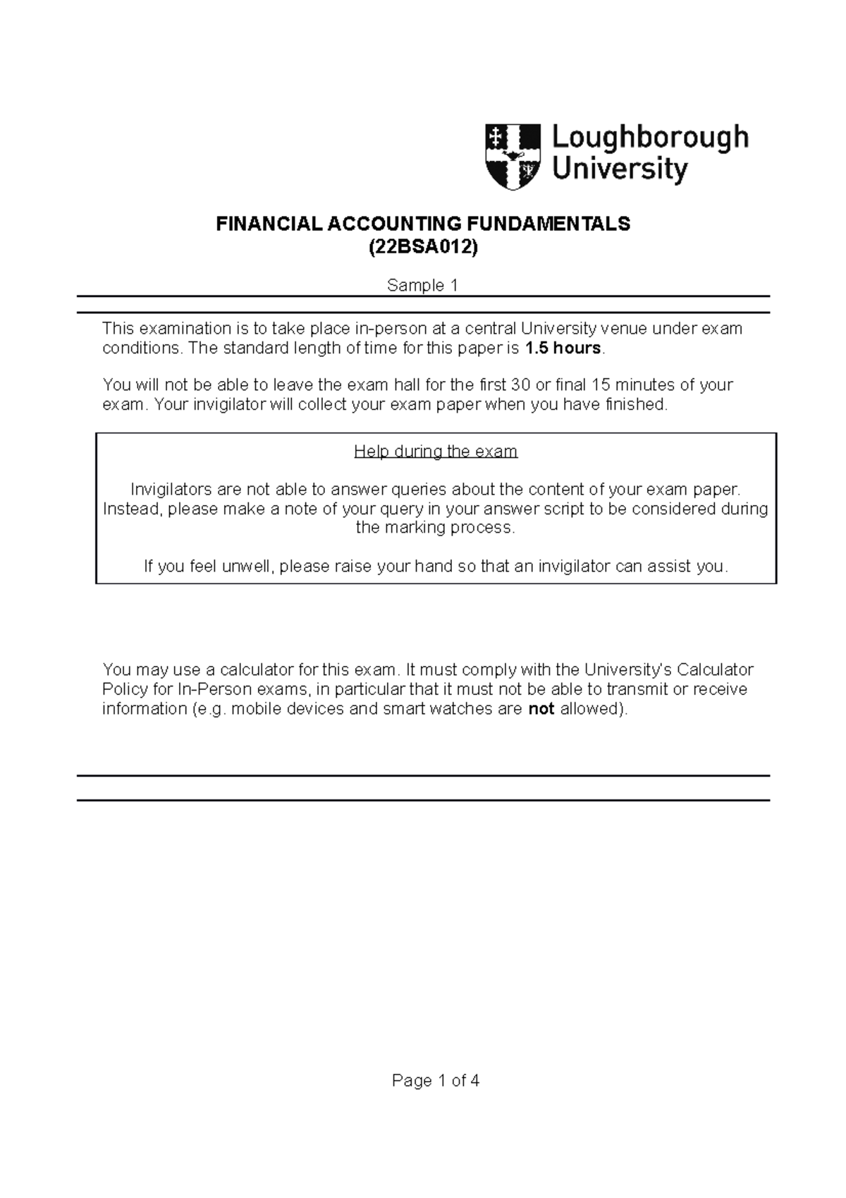 BSA012 Semester 1 exam sample 1 - FINANCIAL ACCOUNTING FUNDAMENTALS ...