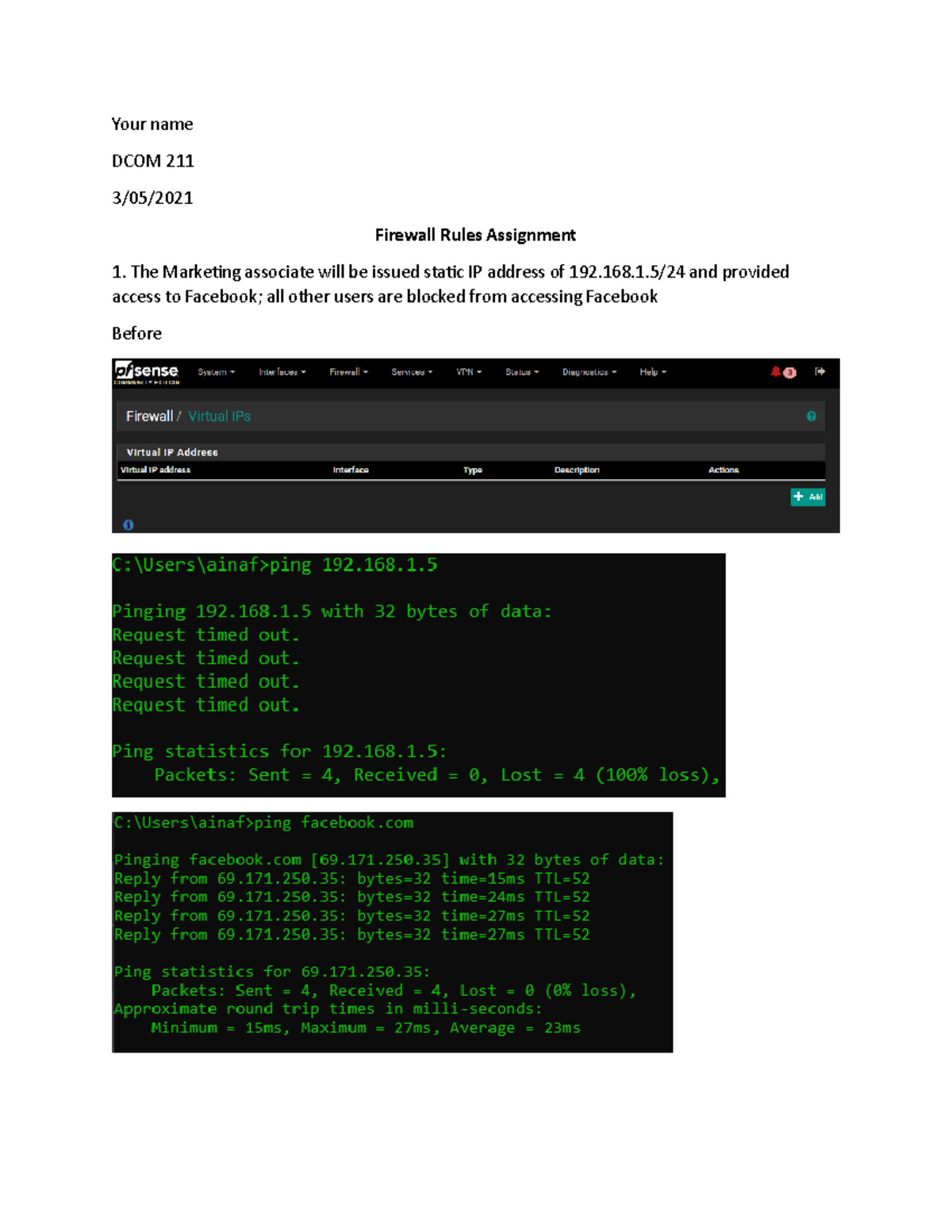 Firewall Rules Assignment - Your name DCOM 211 3/05/ Firewall Rules Assignment The Marketing ...