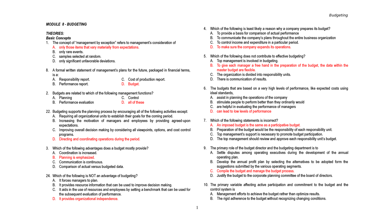 Budgeting - MODULE 8 - BUDGETING THEORIES: Basic Concepts The concept ...