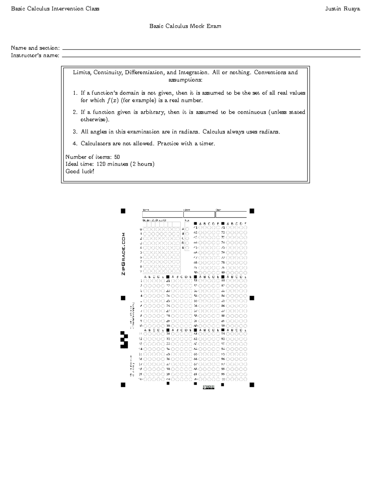 IC Basic Calculus Intervention Class Examination - Basic Calculus Mock ...