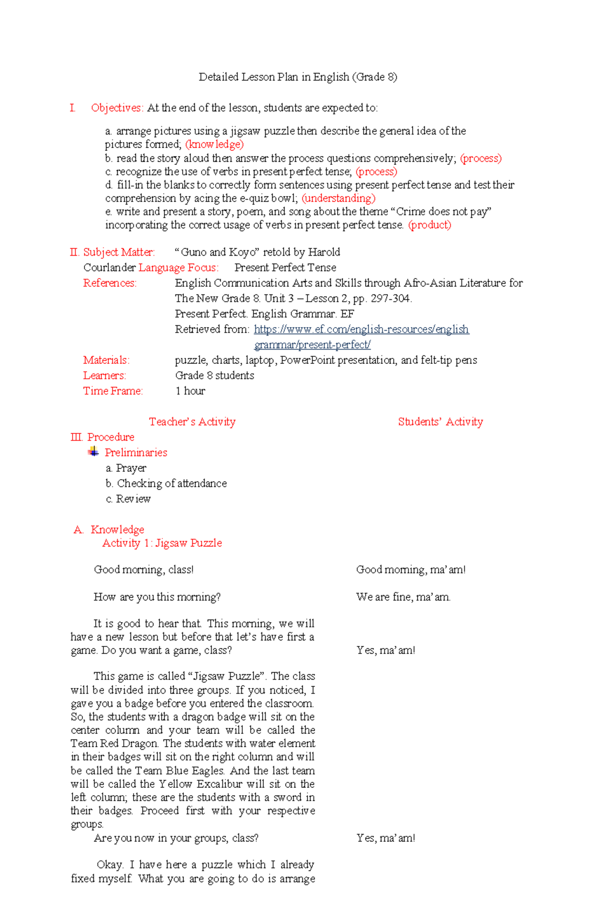 Lesson Plan about English 8 - Detailed Lesson Plan in English (Grade 8 ...