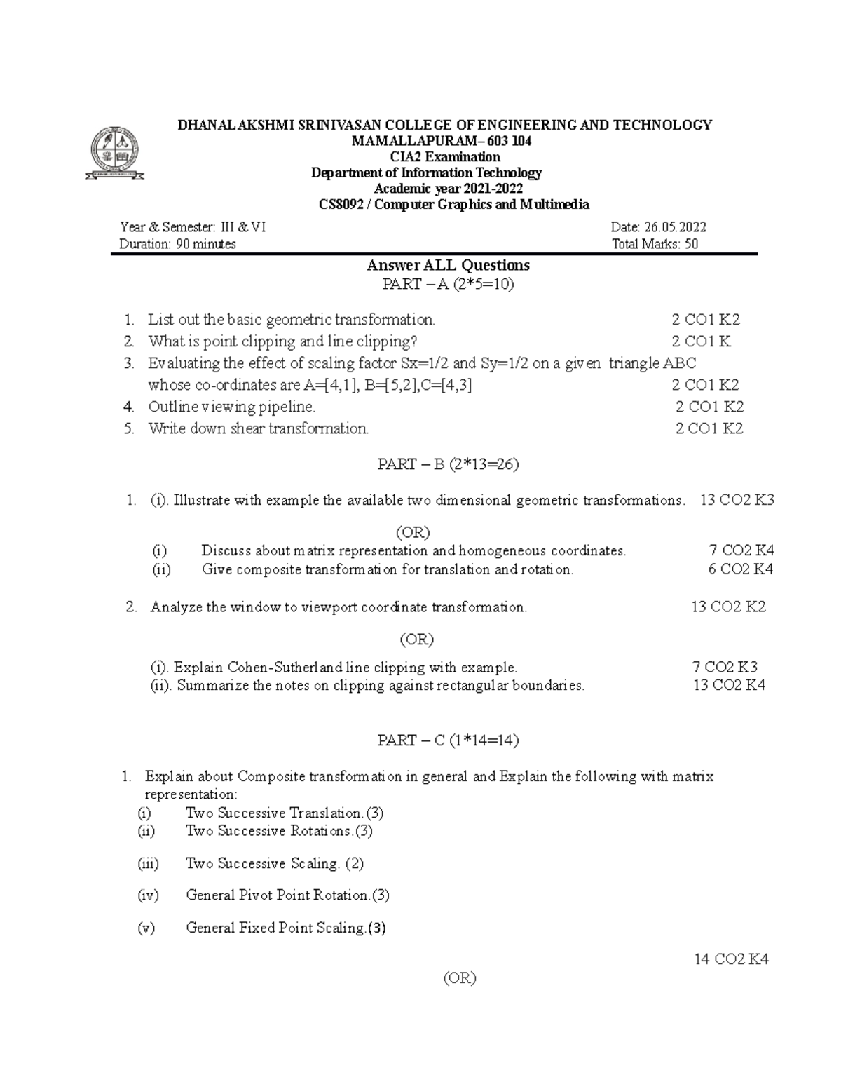 CS8092 CG&M CIA2 - SET1 - DHANALAKSHMI SRINIVASAN COLLEGE OF ...