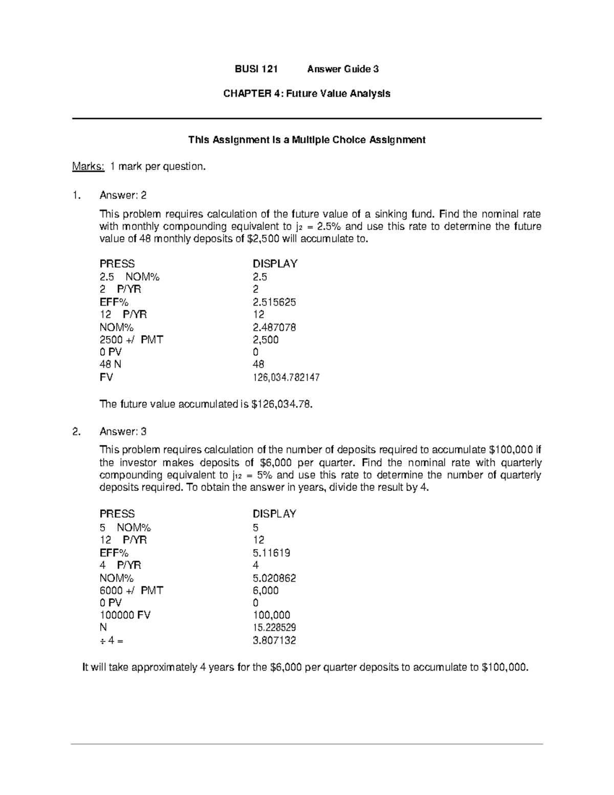 Answer guide 3 - assignment - BUSI 121 Answer Guide 3 CHAPTER 4: Future ...