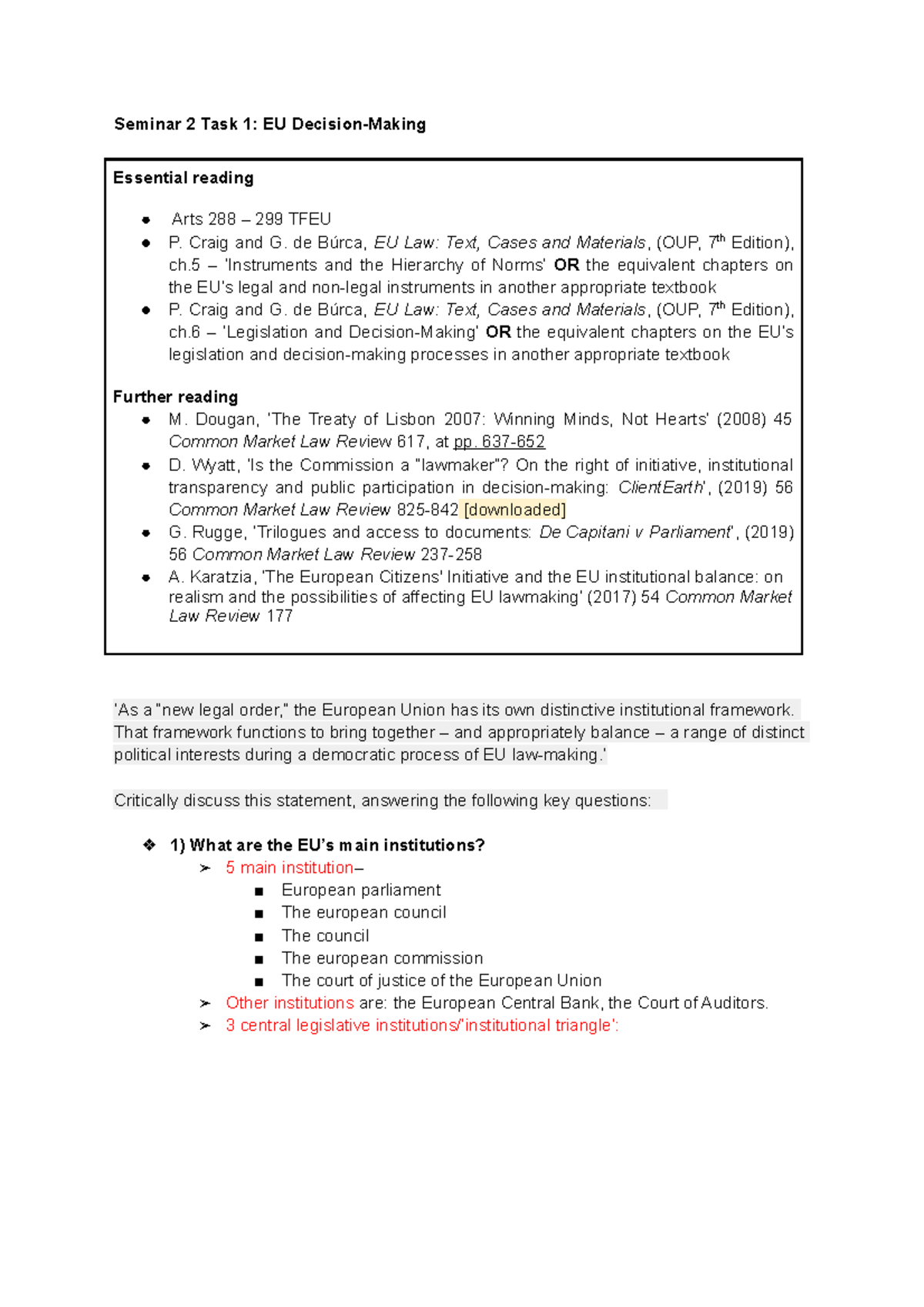 2.1-EU Decision-Making - Seminar 2 Task 1: EU Decision-Making Essential reading Arts 288 – 299 ...