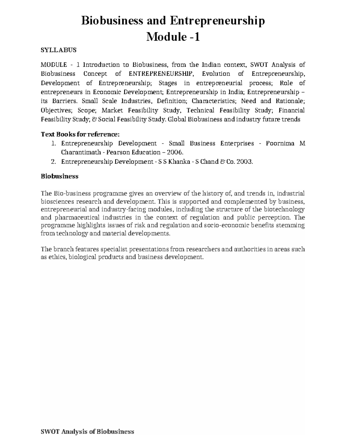 Module 1 BBE - bbe - Biobusiness and Entrepreneurship Module - SYLLABUS ...