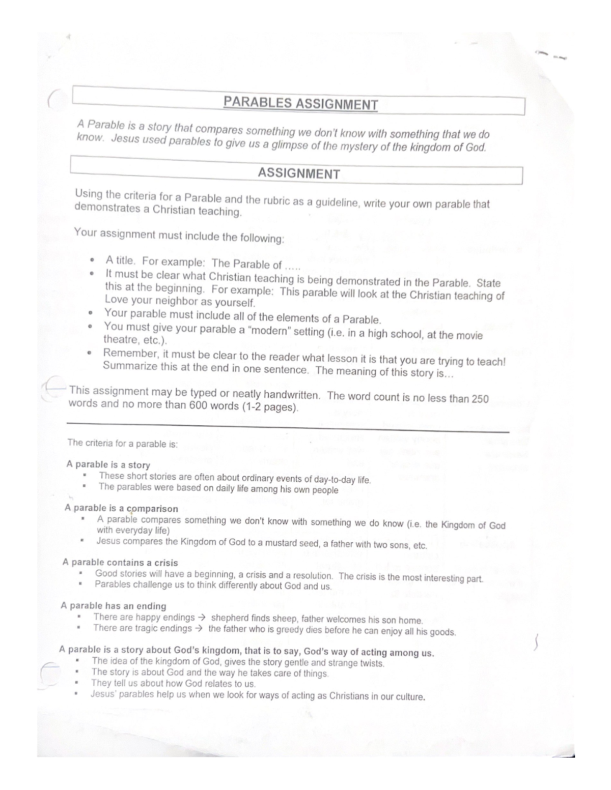 Parables Assignment - These are stimulating questions about Grade 9 ...