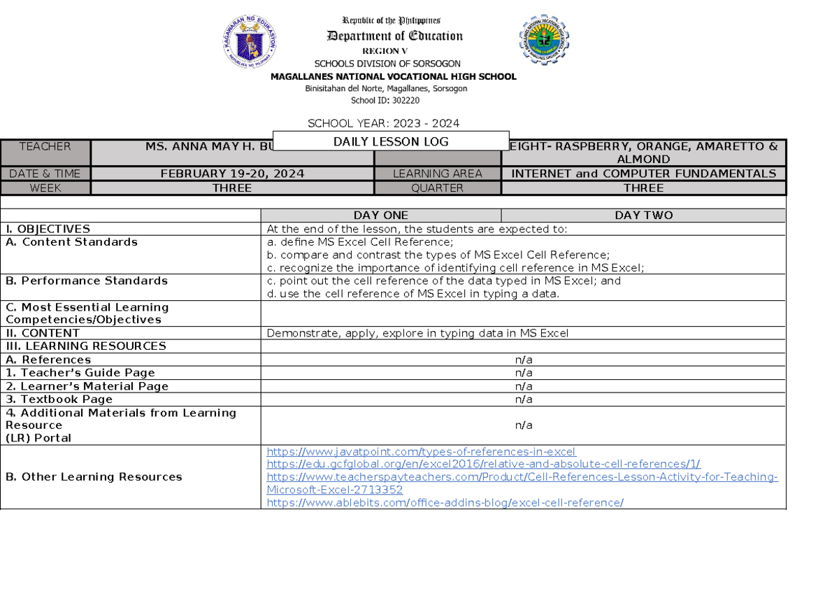 Daily Lesson LOG IN ICF 8 and 9 - 3RD Quarter WEEK 3 - SCHOOL YEAR ...