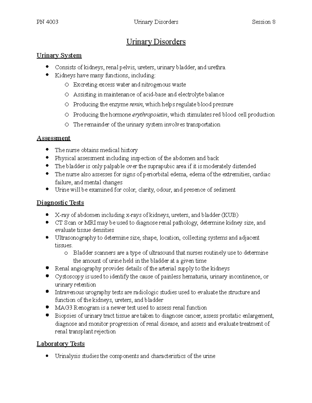 PN 4003 Session 8 - Urinary Disorders - Urinary Disorders Urinary ...