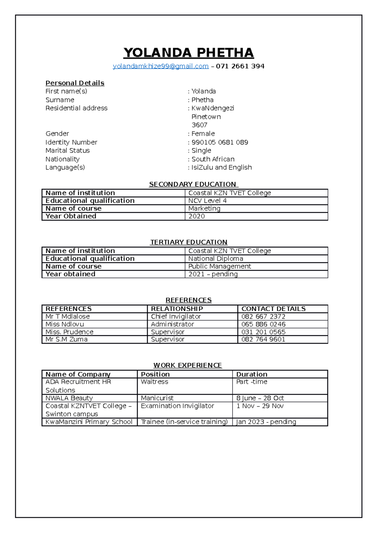 Cv of Yolanda Phetha - YOLANDA PHETHA yolandamkhize99@gmail – 071 2661 ...
