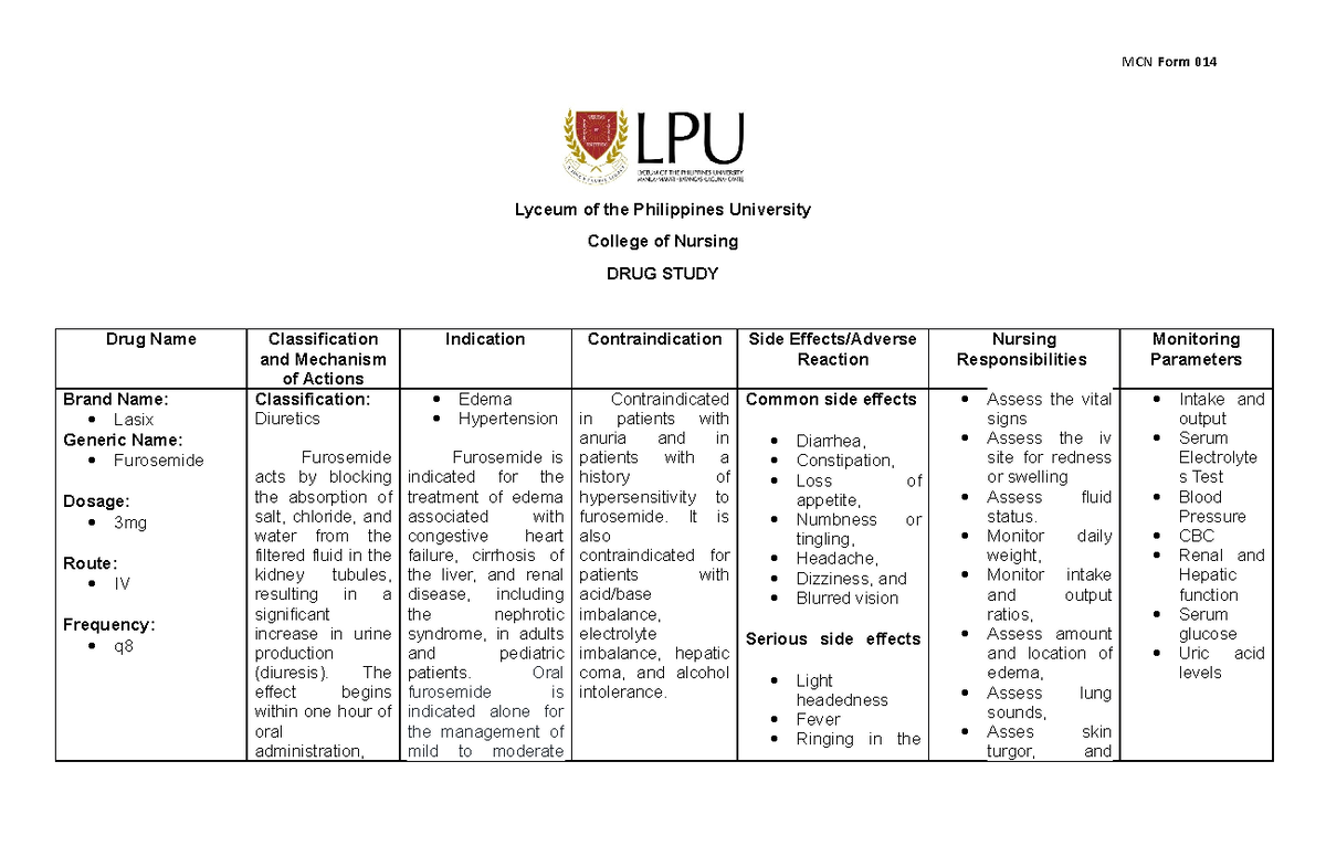 Drugstudy-furo - Drug Study on furosemide - Lyceum of the Philippines ...