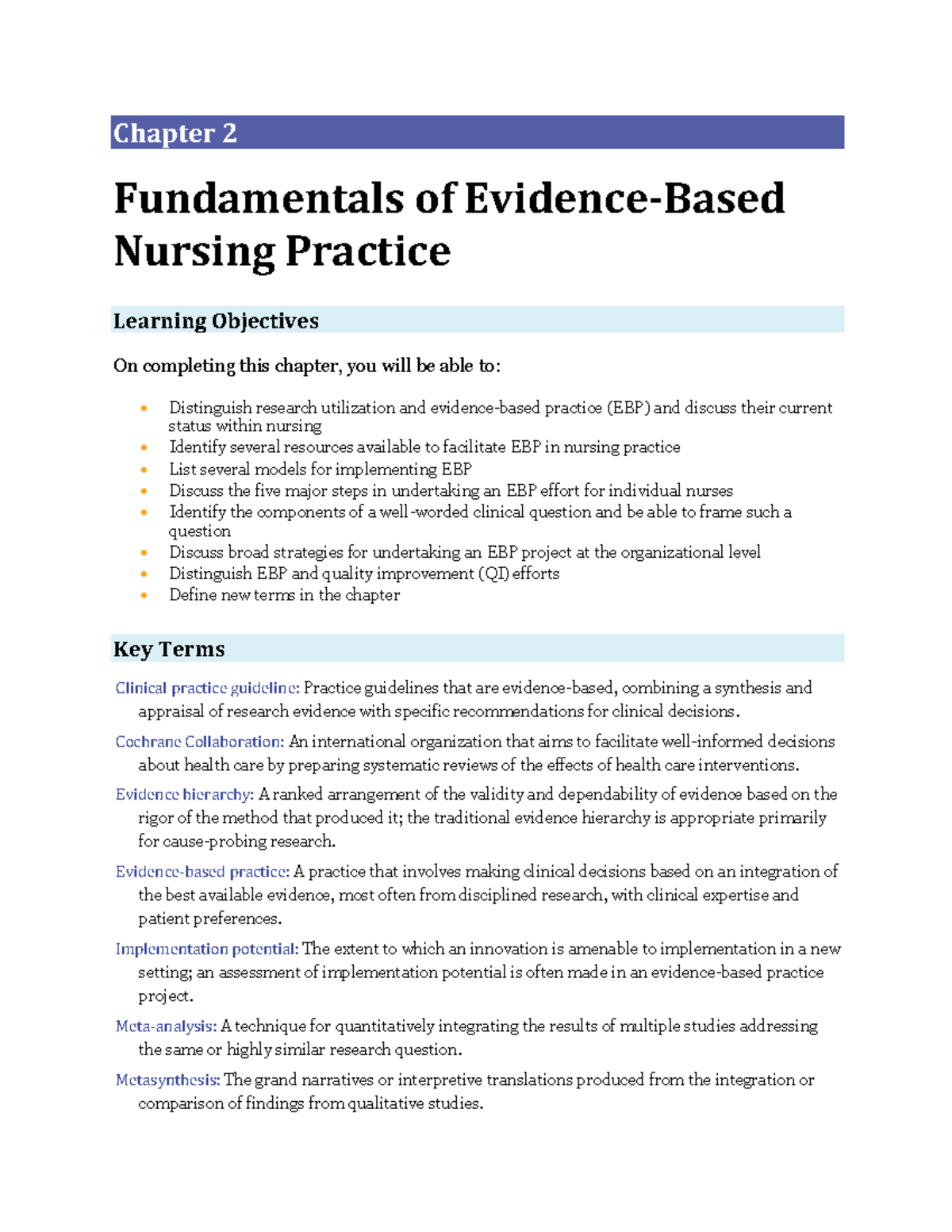 Chapter 2 Fundamnentals EBP - Chapter Fundamentals of Evidence-Based Nursing Practice Learning ...